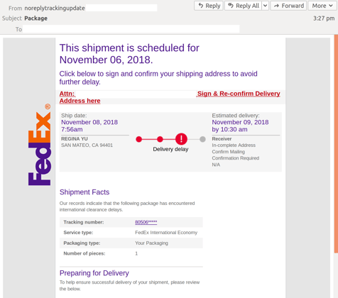 Phishing attack delivered via fraudulent FedEx notification